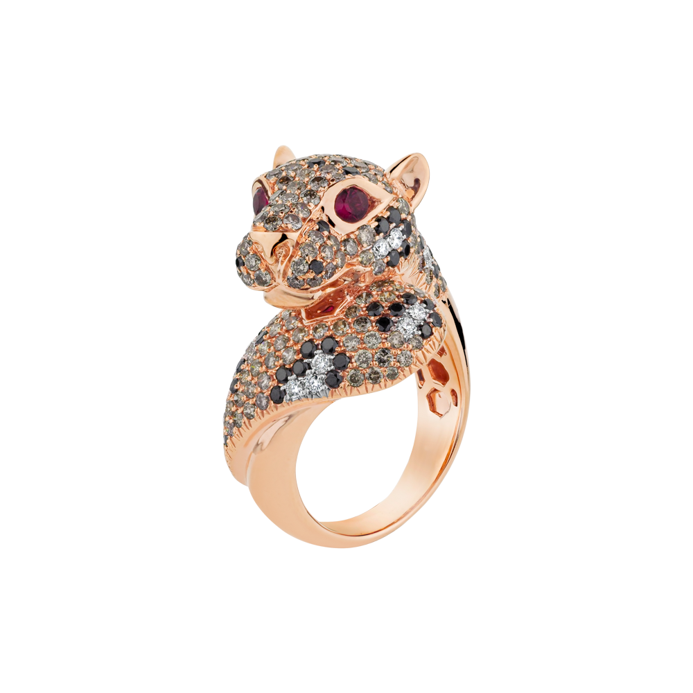 Ring with white, brown and black diamonds and Ruby Shining Cheetah | ALO